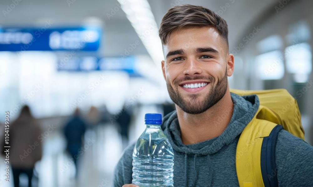 Traveler smiling and drinking from a large water bottle at a security ...