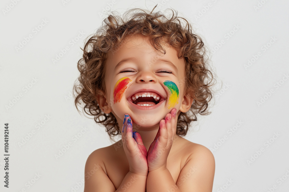 Ultra realistic photograph of laughing toddler finger painting, hands ...