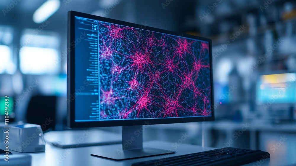 AI-driven cell lineage tracking displayed on a research monitor, cell ...