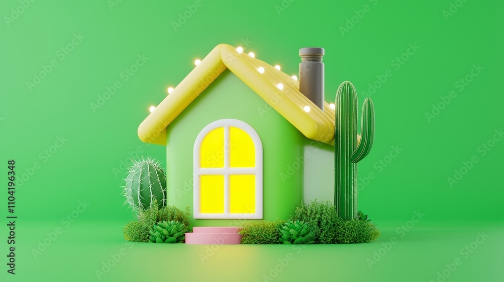 Light bulb outlines a neon house to symbolize sustainable living and ...