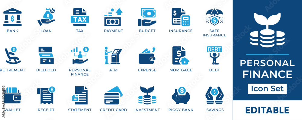 Personal Finance Icon Set. Features editable icons for money symbols ...