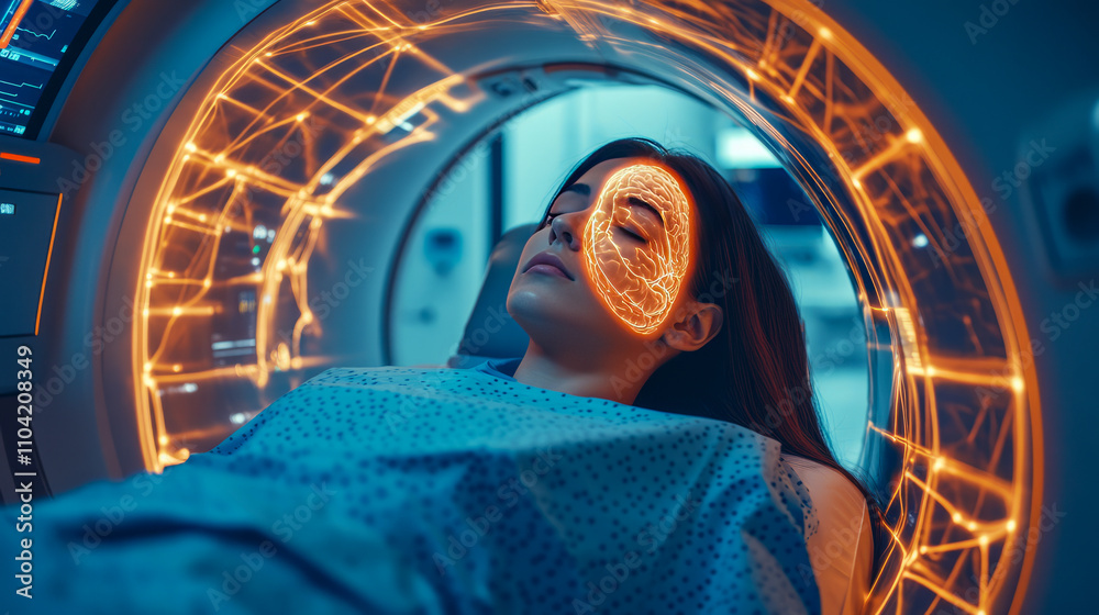 Asian female receiving mri scan with digital overlay visualizing brain ...