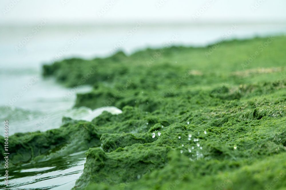 Tongue of shell-sand, sand spit with algae (Cladophora) shore. The ...