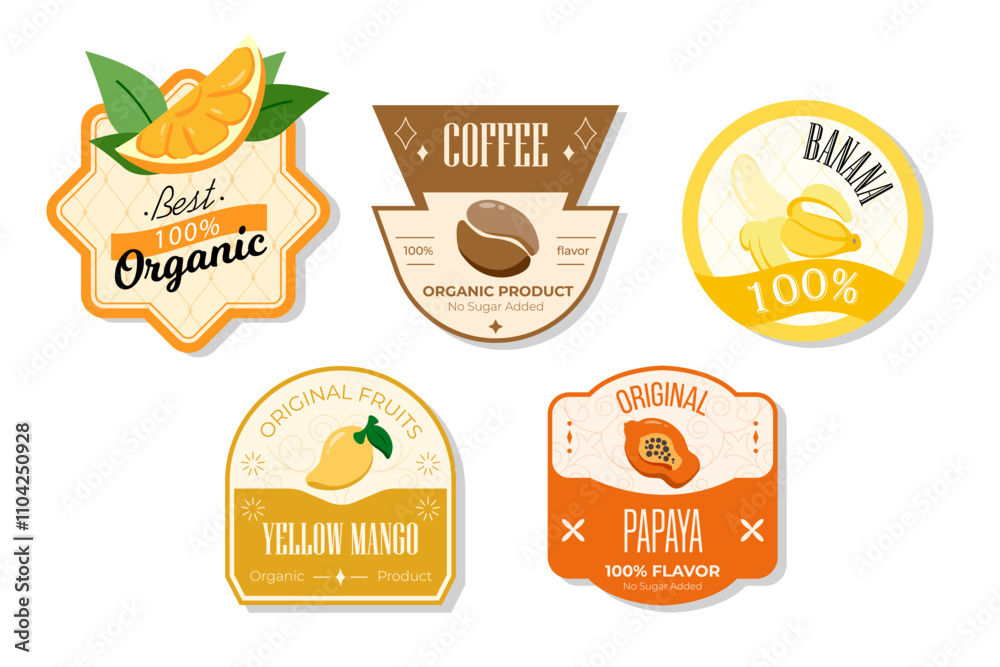 Retro fruits banner and labels. Different juices stickers. Packaging ...