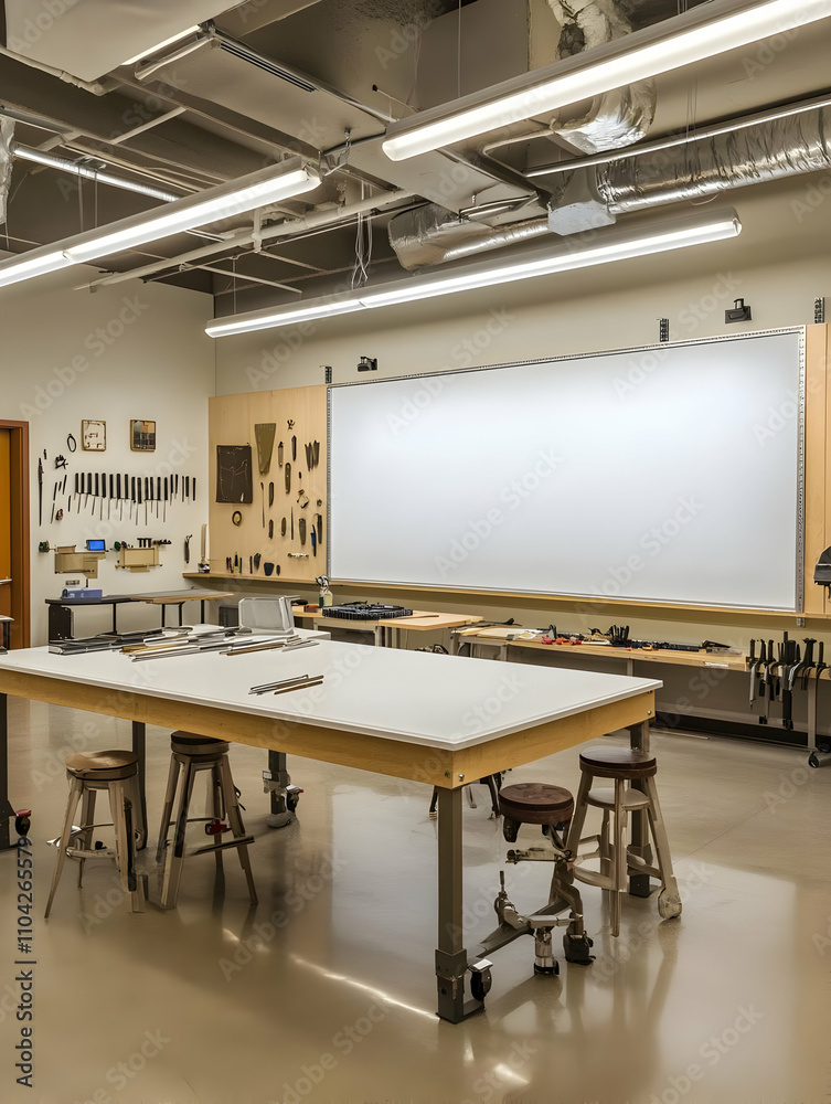 Office interior signage mockups - A modern workshop with tools, tables ...