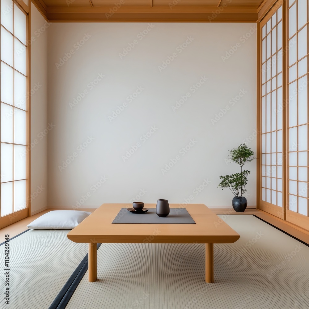 Japanese-style tea room with tatami mats, a low table, and simple decor ...