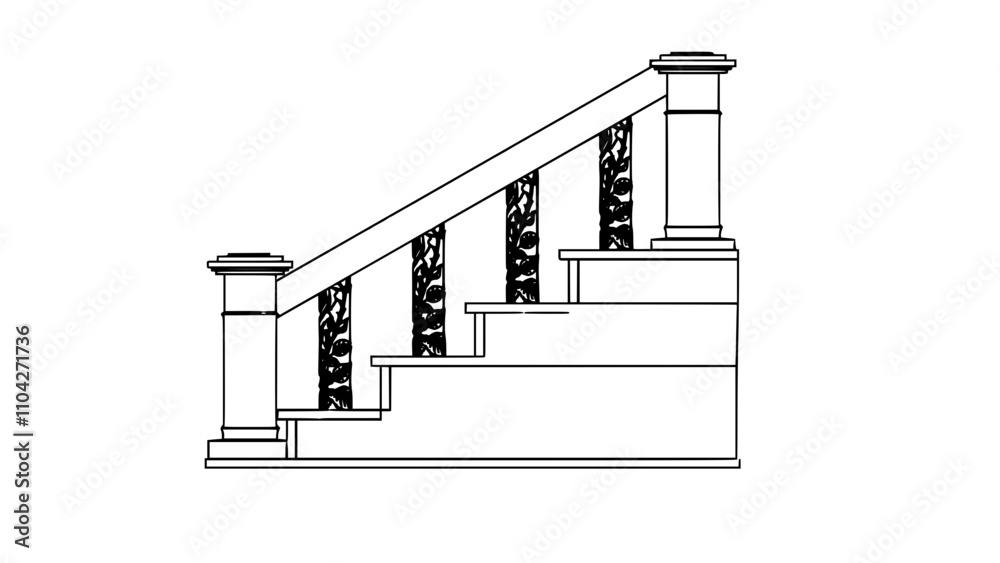 a drawing of a staircase with a banister and a handrail, stairs ...