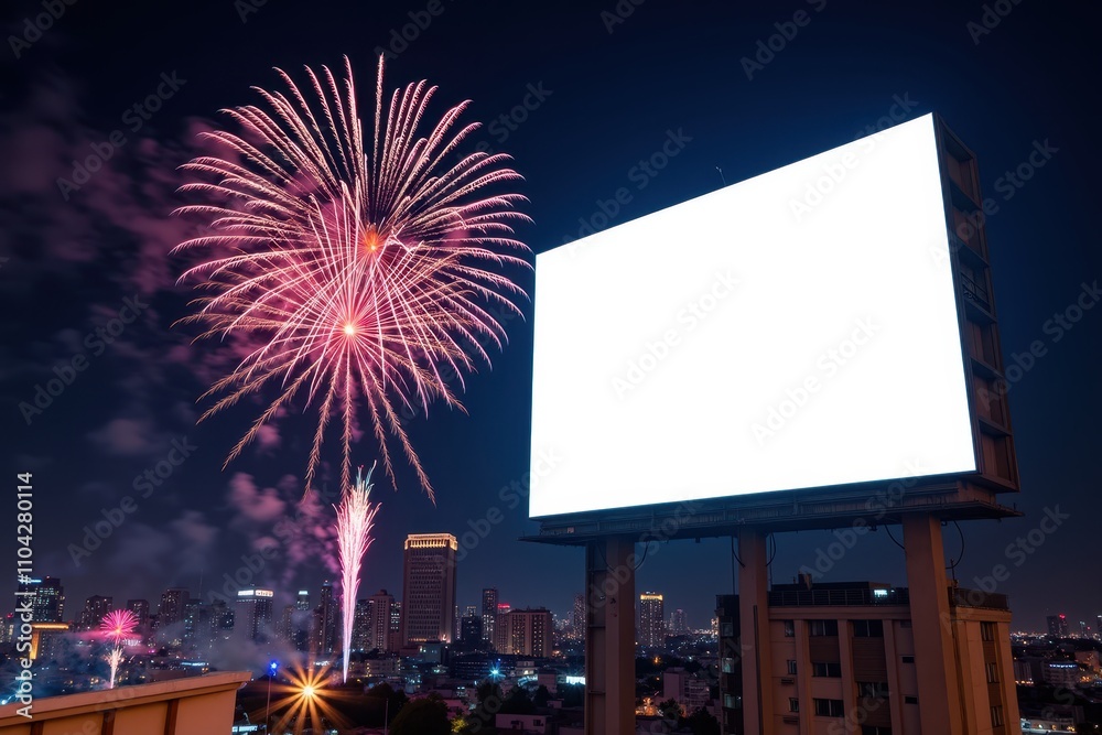 Spectacular Fireworks Display Overempty Billboard in Urban Setting at ...