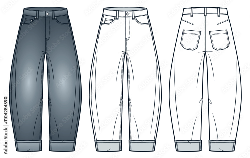 Barrel Leg Jeans technical fashion illustration. Denim Pants fashion ...