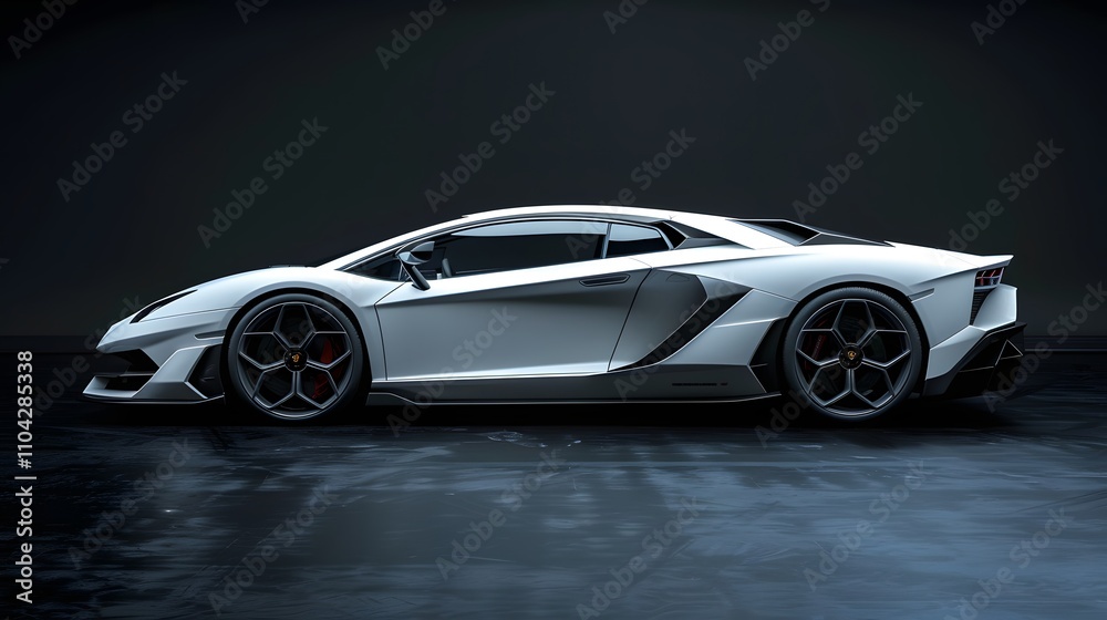 Sleek white sports car, side profile view against a dark background ...