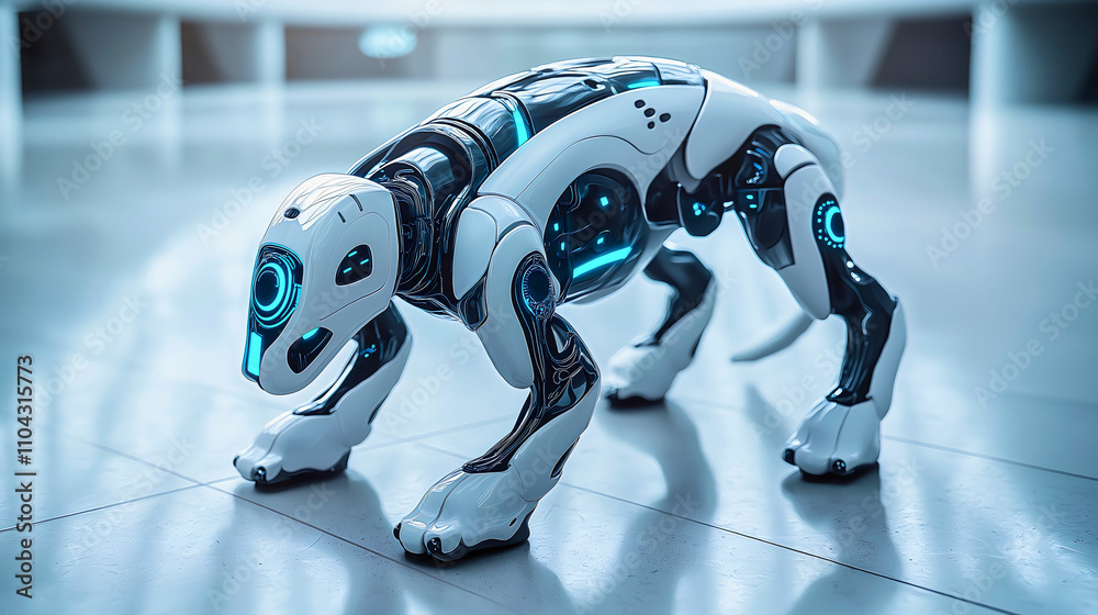A small white robotic dog made of the most advanced technology, a ...