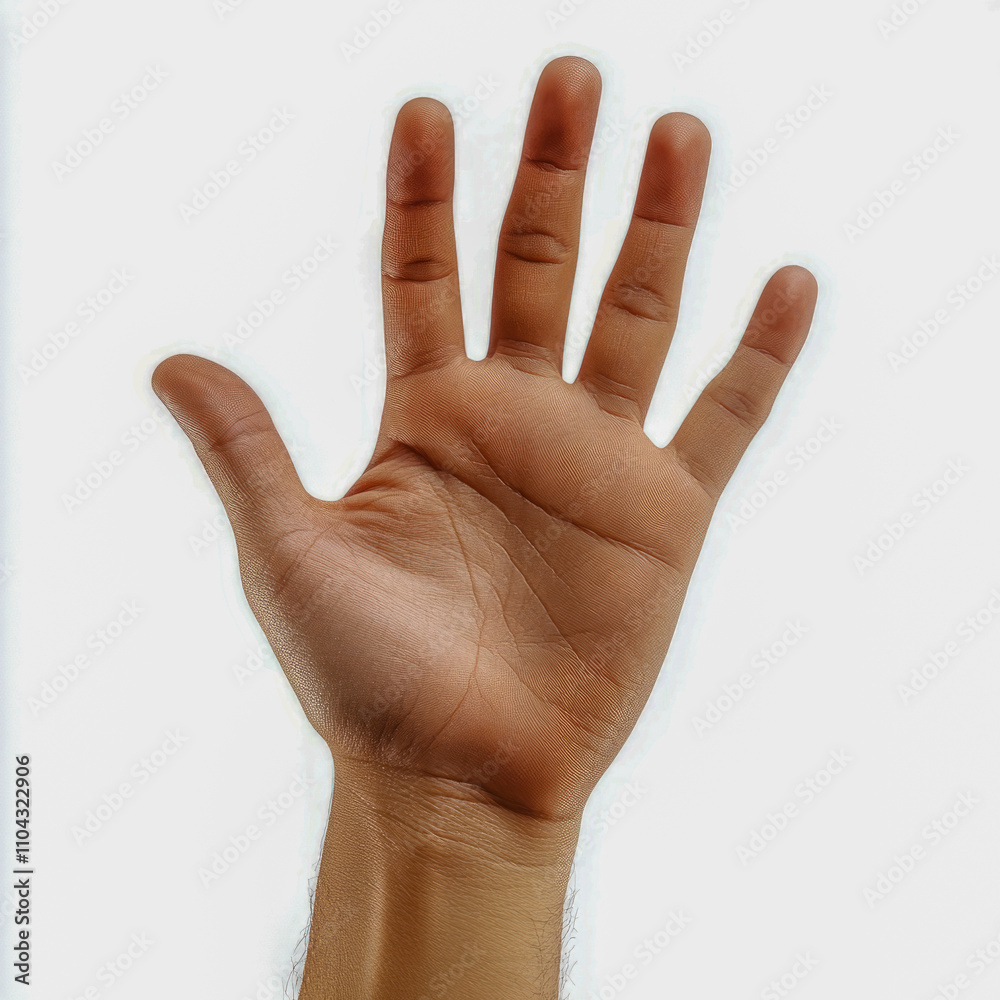 Caucasian male adult hand with open palm on white background - lines ...