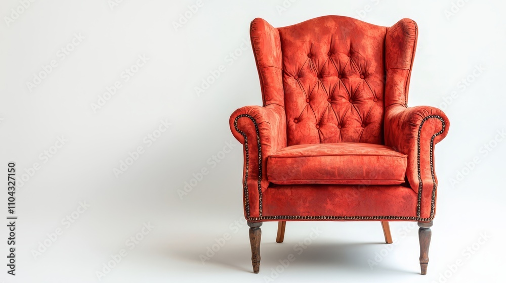 a red velvet chesterfield chair on a white background The chair has a ...
