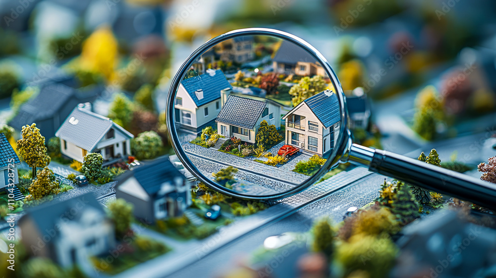 Magnified view of miniature model neighborhood with houses and trees ...
