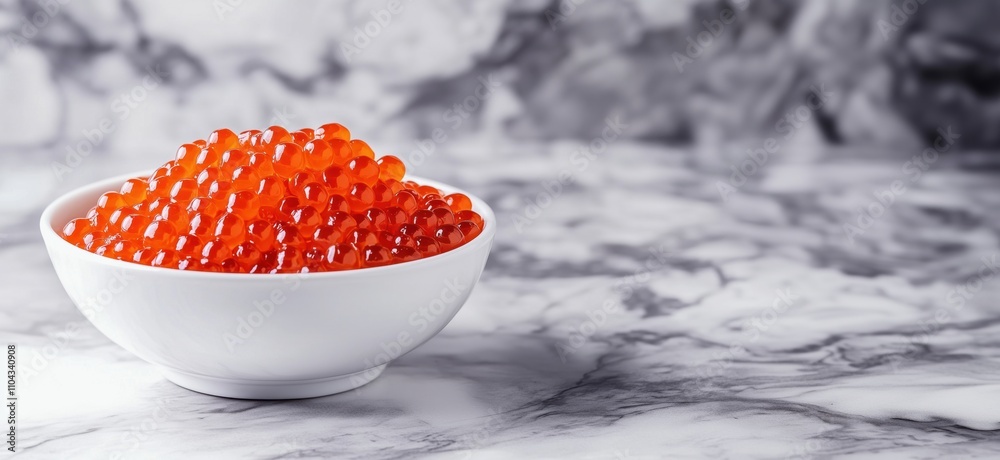 Salmon roe in white bowl, vibrant orange color, glossy texture, marble ...