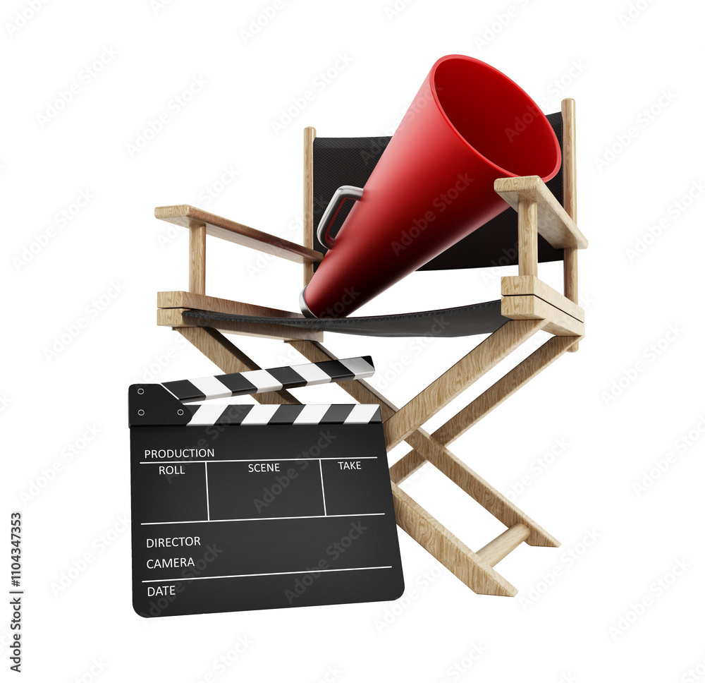 Director chair, film slate and load horn isolated on transparent ...