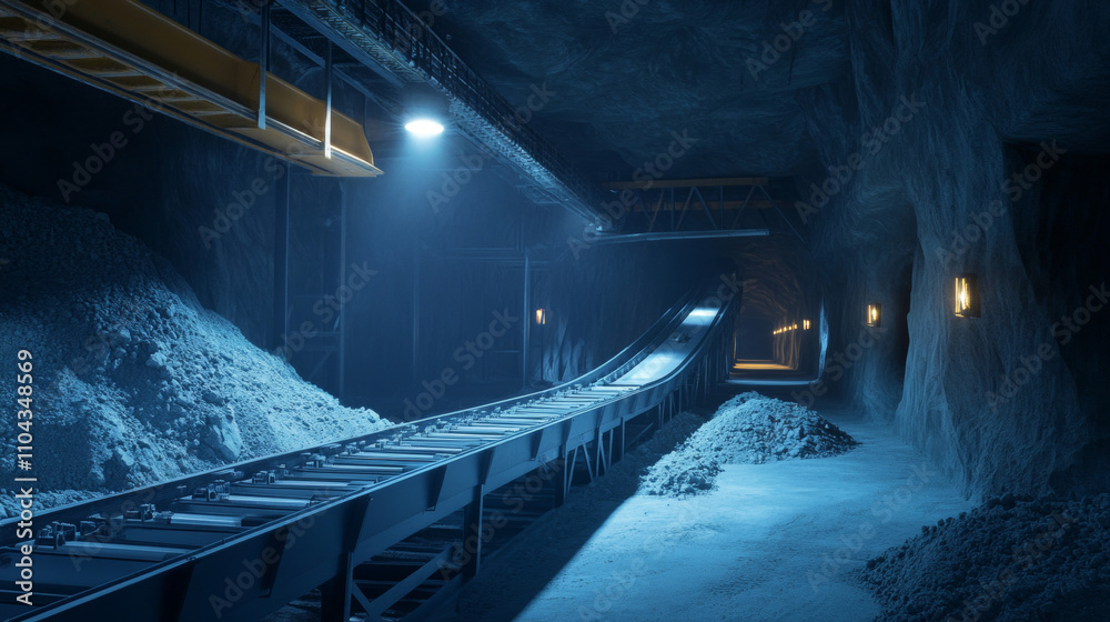 "Belt conveyor system inside an underground tunnel, transporting ore to the surface." Stock ...