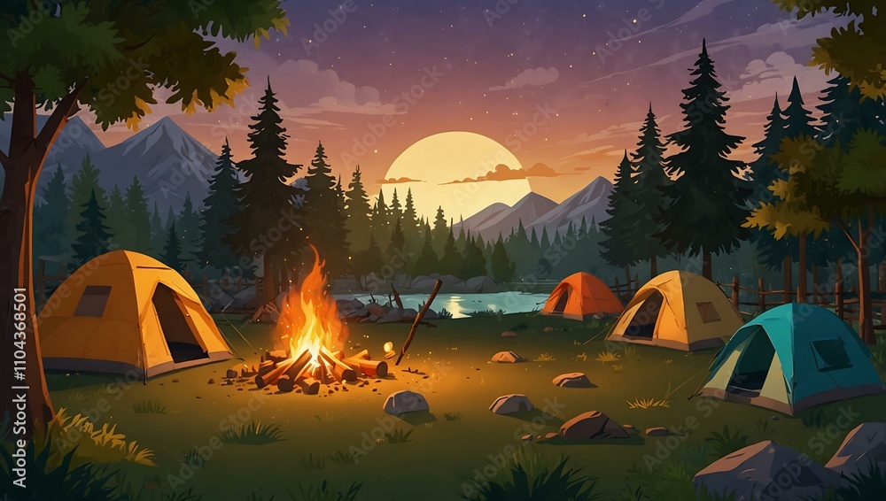Cartoon camping scene with tents, campfire, and trees for kids. Stock Illustration | Adobe Stock