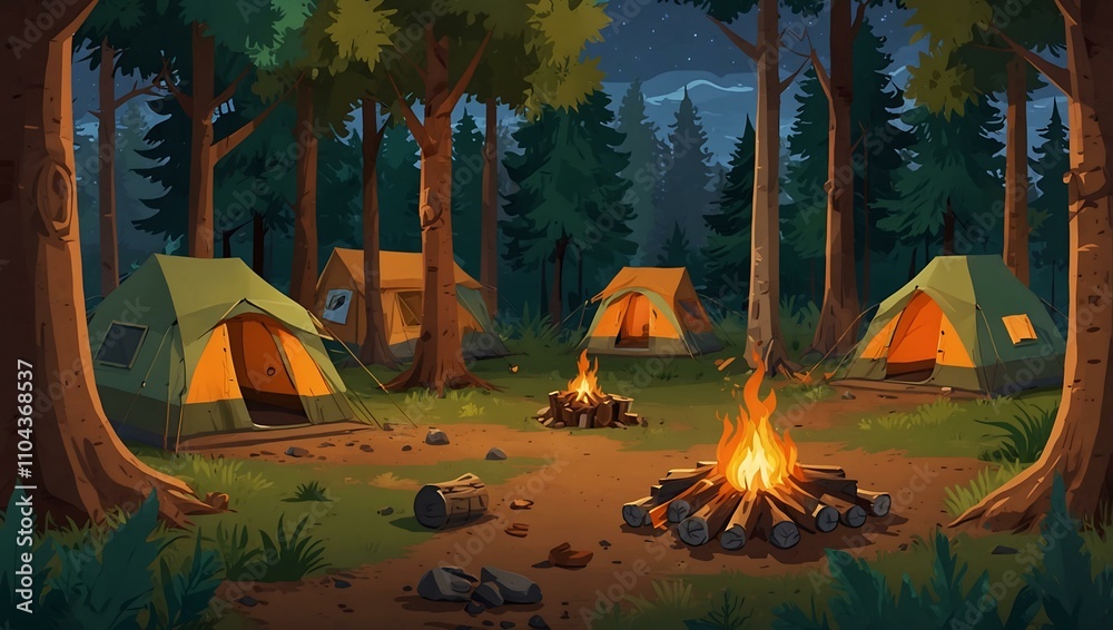 Cartoon camping scene with tents, campfire, and trees for kids. Stock ...