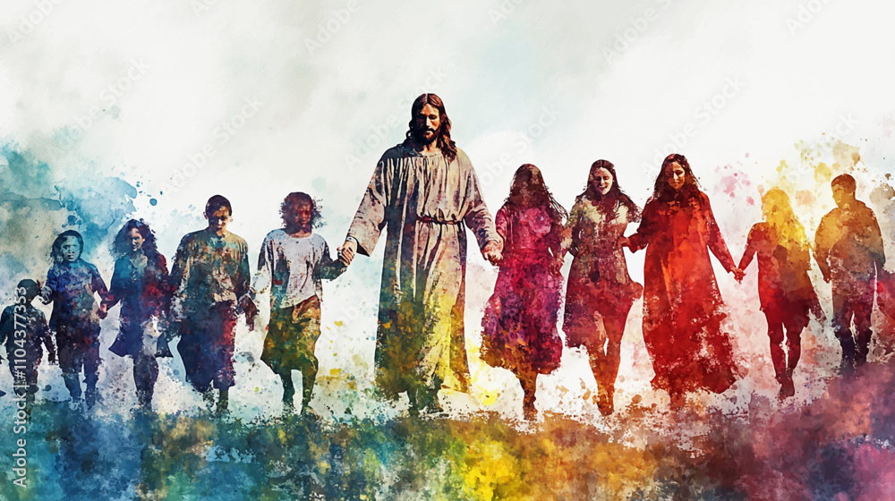 Jesus christ holding hands with diverse group of people digital ...