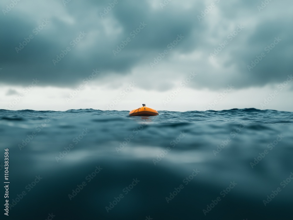 A vibrant orange lifeboat bobs on turbulent ocean waves under an ...