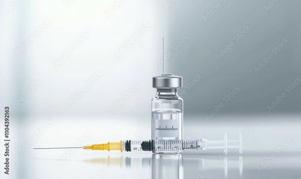 Vaccine in vial and syringe close-up on a white table gray background ...