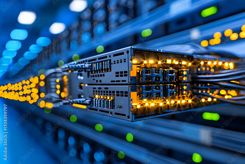 A close-up view of a server rack with illuminated ports, showcasing the ...