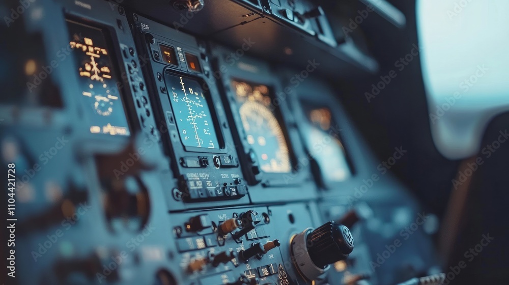 Cockpit instruments and controls inside a realistic flight simulator ...