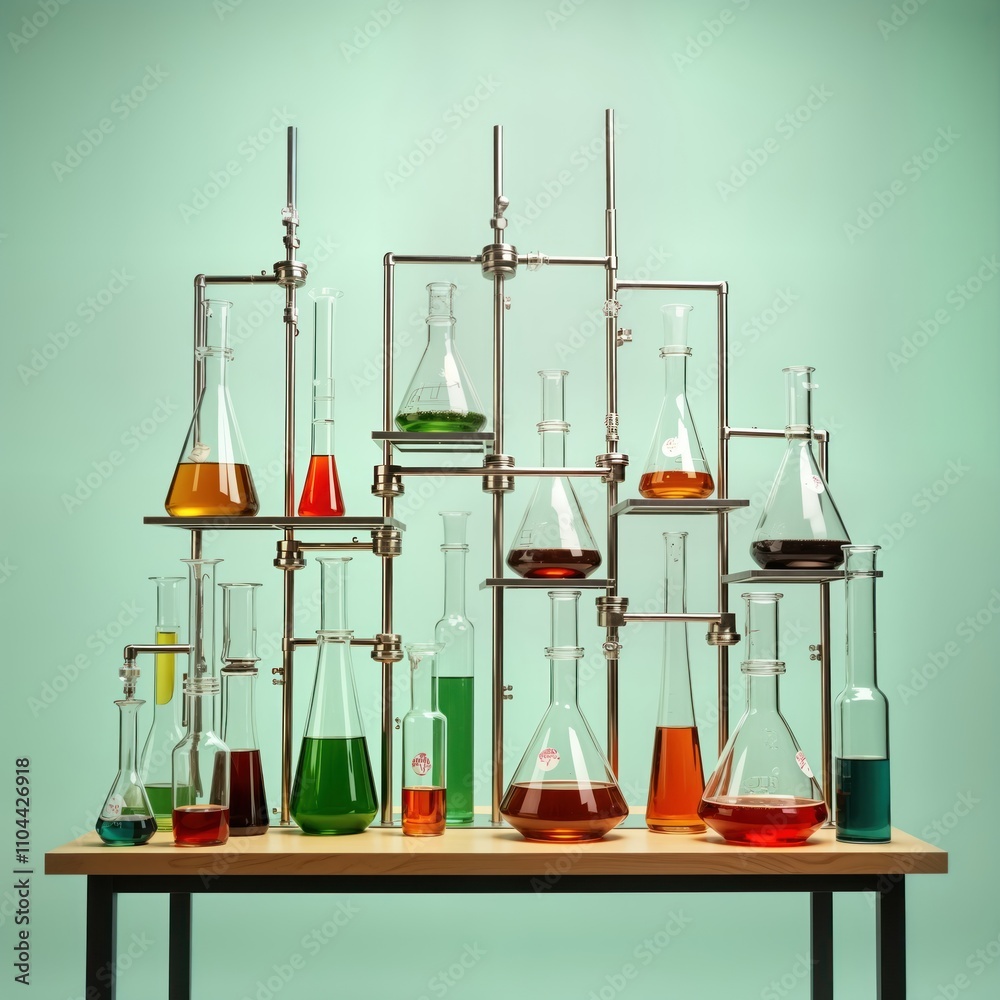 Tabletop lab setup displays various glassware filled with colorful ...
