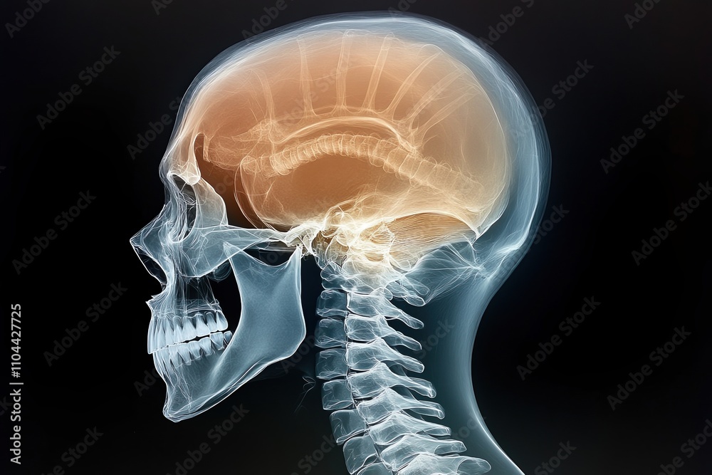 Detailed skull x-ray revealing intricate bone structure and brain ...