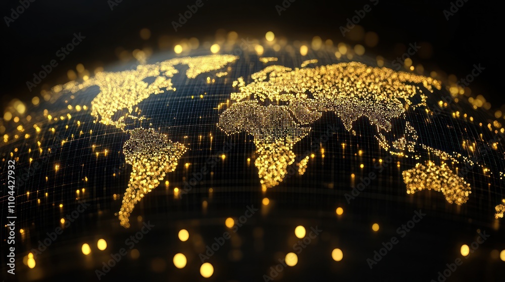 Golden lights form a detailed world map, glowing softly on a dark ...