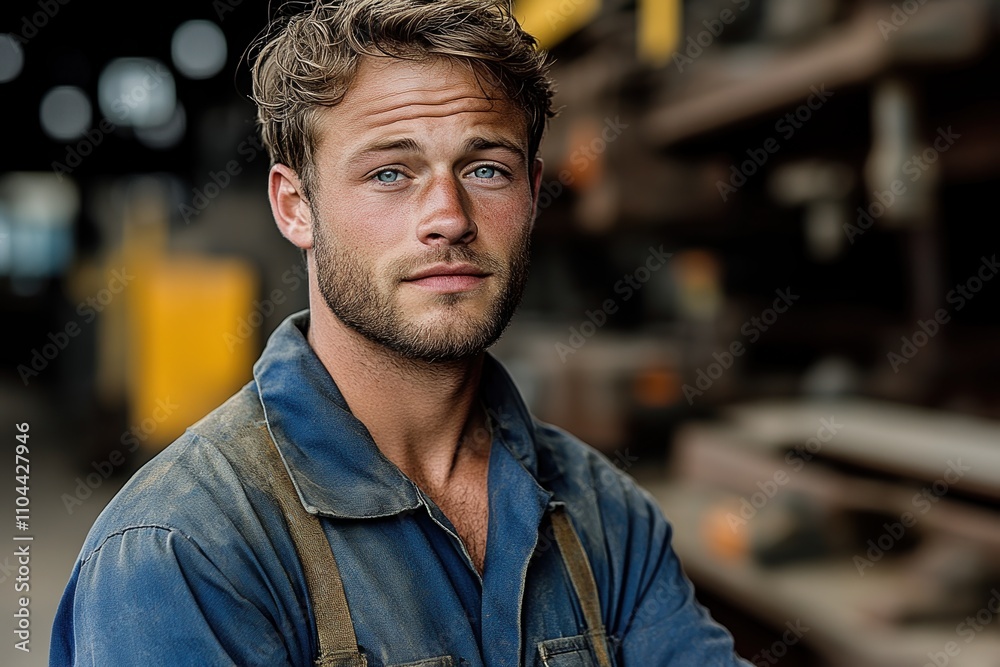 Skinny man in work uniform at metal production plant showcasing ...