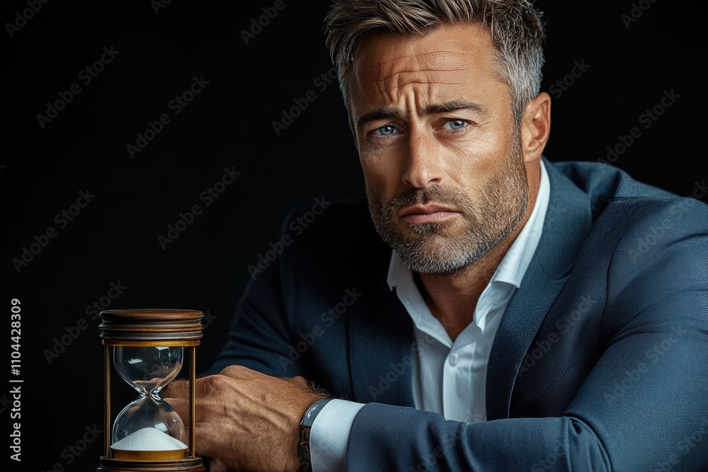 Old man gazes at hourglass, reflecting on time and life\'s fleeting ...
