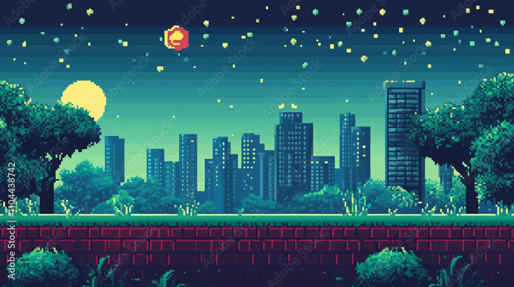 Pixel art landscape battle arena. Game background with vintage animation scene for 8 bit arcade ...