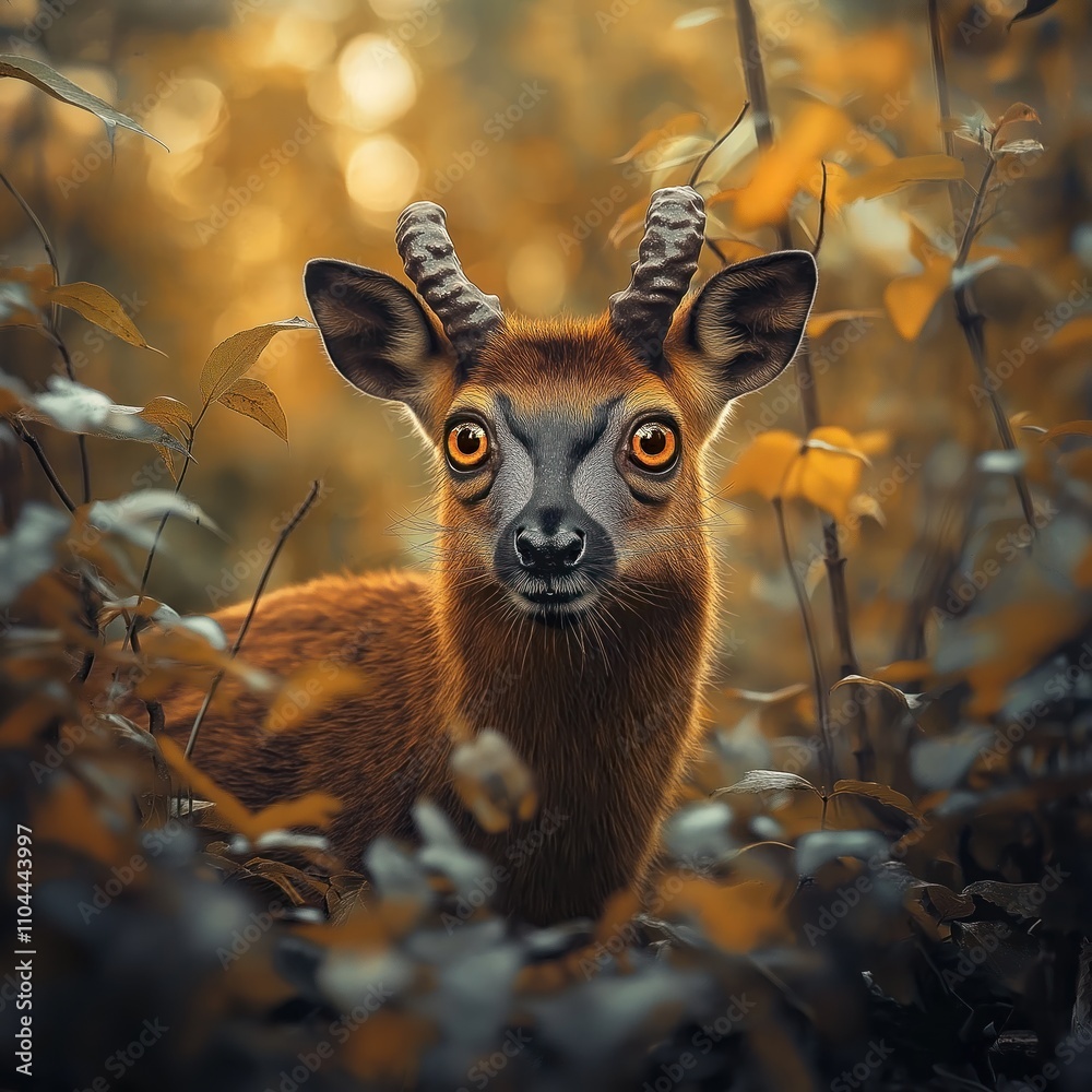 Curious deer animal in forest area. Brown fur animal with large eyes ...