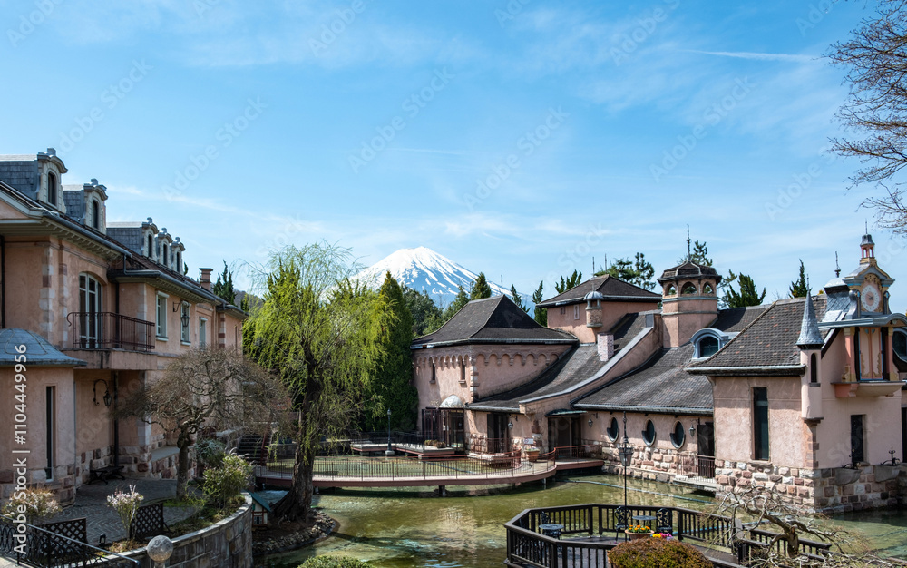 Japan, Kawaguchiko Music Forest theme park buildings and garden, view ...