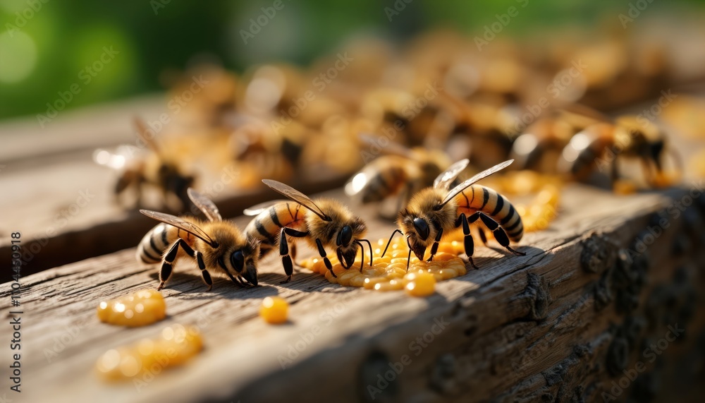 Honeybees feed on wooden surface. Organic honeybee farming. Bees eat ...