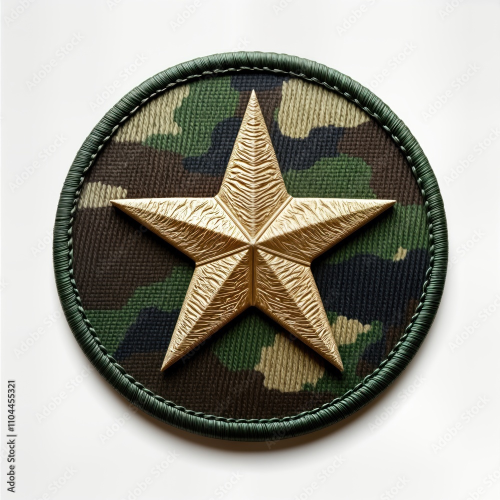 Round military star badge embroidered on camouflage fabric. Gold star ...