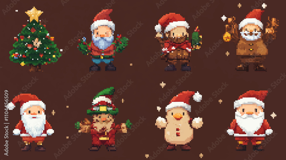 Set of santa claus pixel art 8 bits style christmas icons retro classic ...