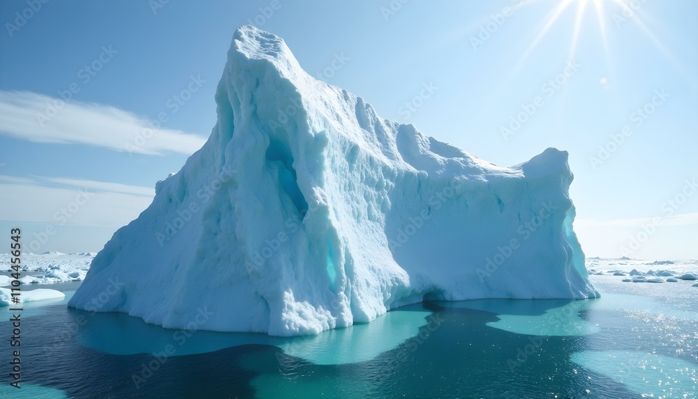 Towering melting iceberg in Arctic icy ocean. Snow covered glacier ...