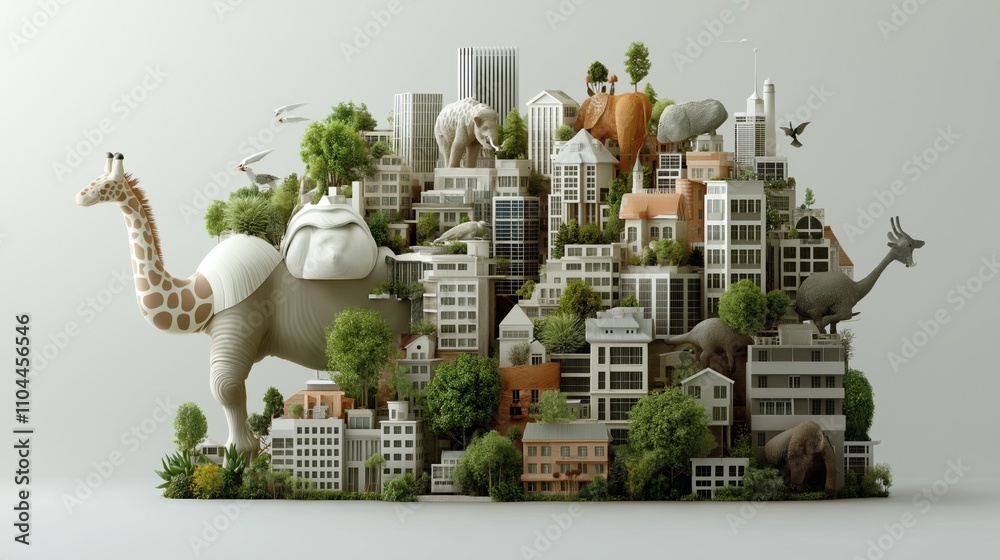 Surreal scene of a miniature cityscape with diverse wildlife integrated ...
