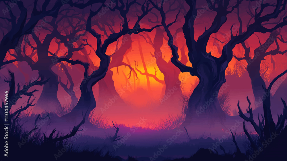 Scary dark forest at night. Halloween background with spooky woods ...