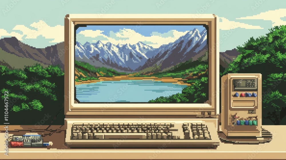 Pixel Art Perspective Mountain Lake on CRT Monitor, 8-bit Composition ...