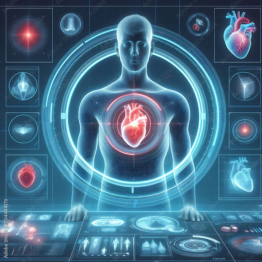 Ilustración de Stock Heart health care technology with scan virtual ...