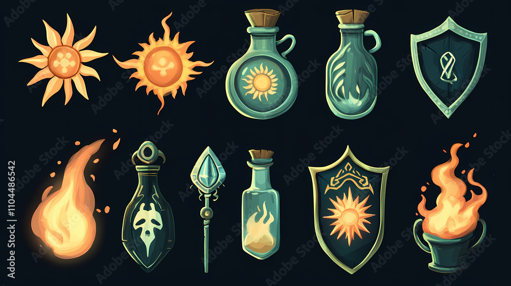 Set of sun symbols magical potions shields and fire icons for fantasy ...