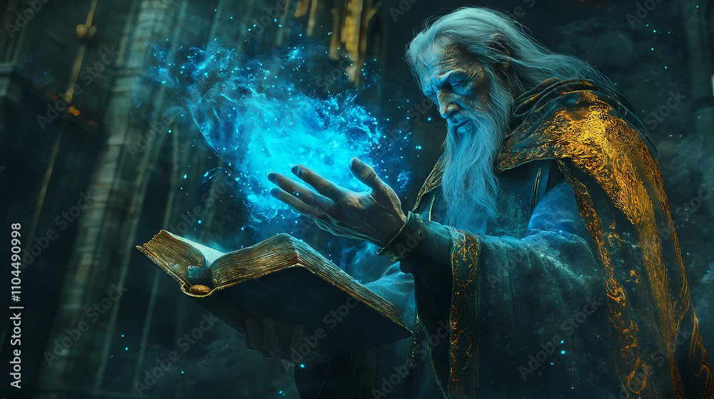 Mystical ancient wizard conjuring blue magical energy from an arcane ...