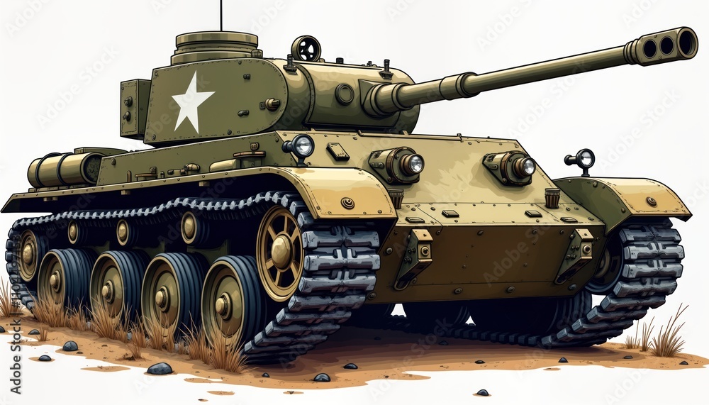 Cartoon illustration of WWII tank. Military vehicle on battlefield ...