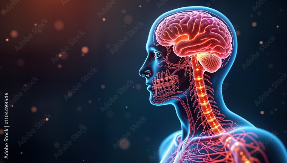 Detailed 3D illustration of human nervous system. Brain, spinal cord ...