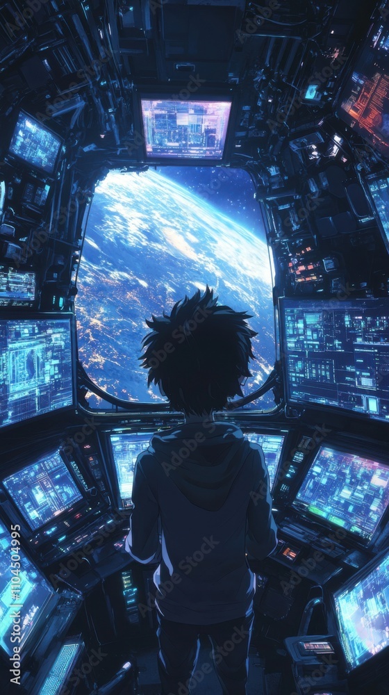 Anime boy exploring a massive spaceship control room, high-tech panels ...