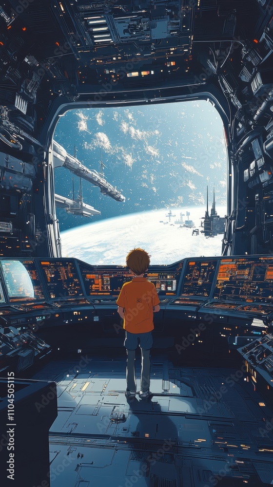 Anime boy exploring a massive spaceship control room, high-tech panels ...